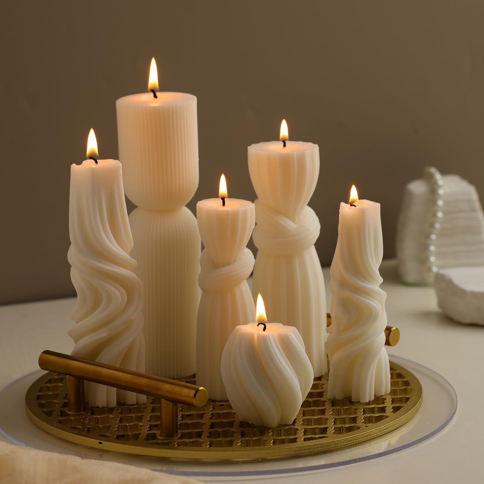 Threlaco 6 Pcs Small Pillar Candles Aesthetic Candle Modern Ribbed Candles Set Cute Soy Wax Scented Ribbed Candle Twirl Geometric Decorative Candles for Home Decor for Living Room Bathroom(White)