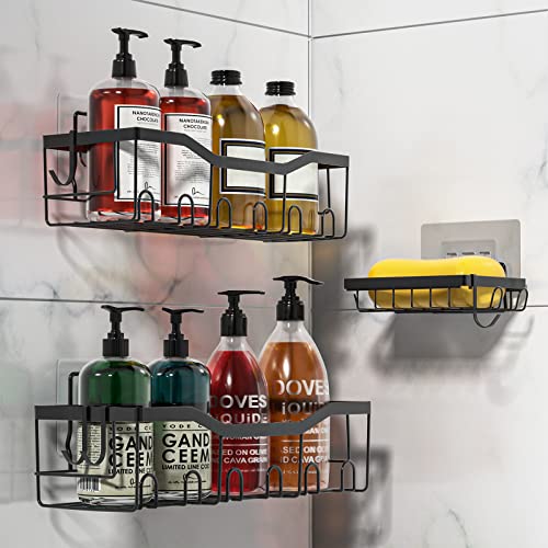 Shower Caddy Shelves, Adhesive Shower Organizer,Rustproof Stainless Steel Shower Shelf for Inside Shower, No Drilling Rustproof Bathroom Shower Caddy Basket Shelf with Soap Holder and 4 Hooks (Black)