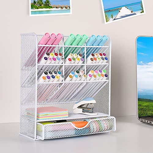 Spacrea Pen Holder Desk Organizer - Desk Organizers and Accessories, Pencil Holder with 10 Compartments and 1 Drawer（White）