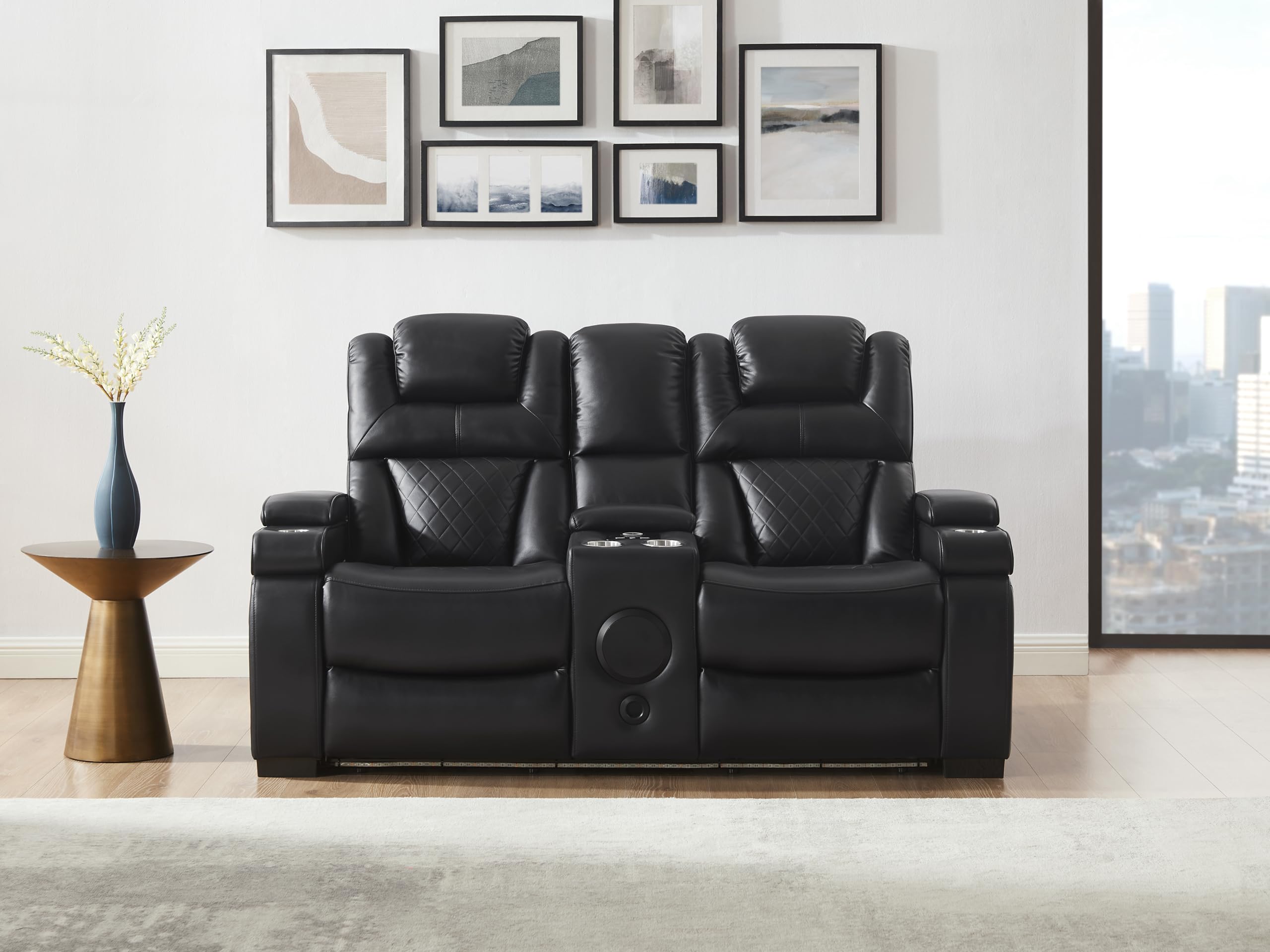 THSUPER Power Breathable Leather Reclining Sofa Set with LED Light, Home Theater Seating Recliner Couch with Adjustable Headrest/Reading Light/USB Port/Wireless Charing/Bluetooth Speaker, Black