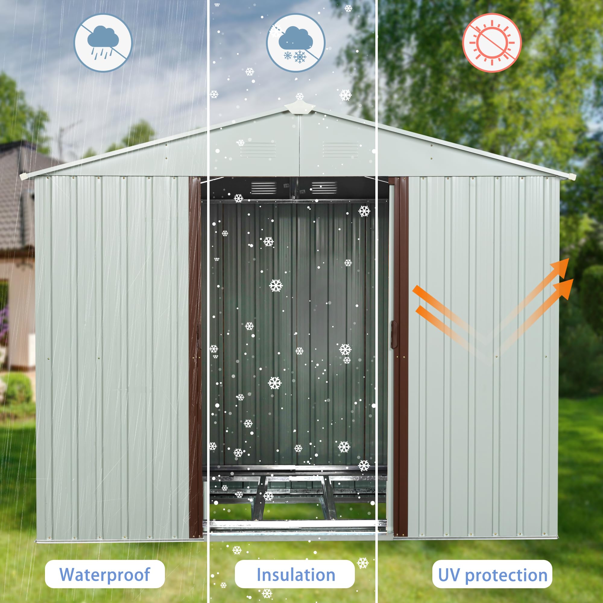 SPOFLYINN Tool Storage Shed with Sliding Doors Padlock Large Space Easy Assembly Outdoor Storage House for Bike Trash Can Machine (8ft x 4ft) White One Size