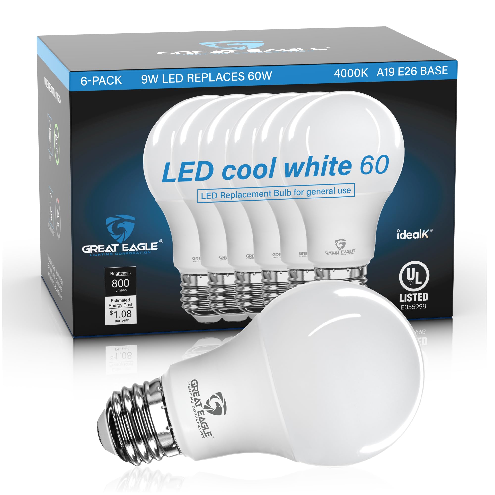 Great Eagle A19 LED Light Bulbs 60 Watt Equivalent- UL Listed - 4000K LED Light Bulb - Non dimmable Cool White Light Bulbs (6 Pack)