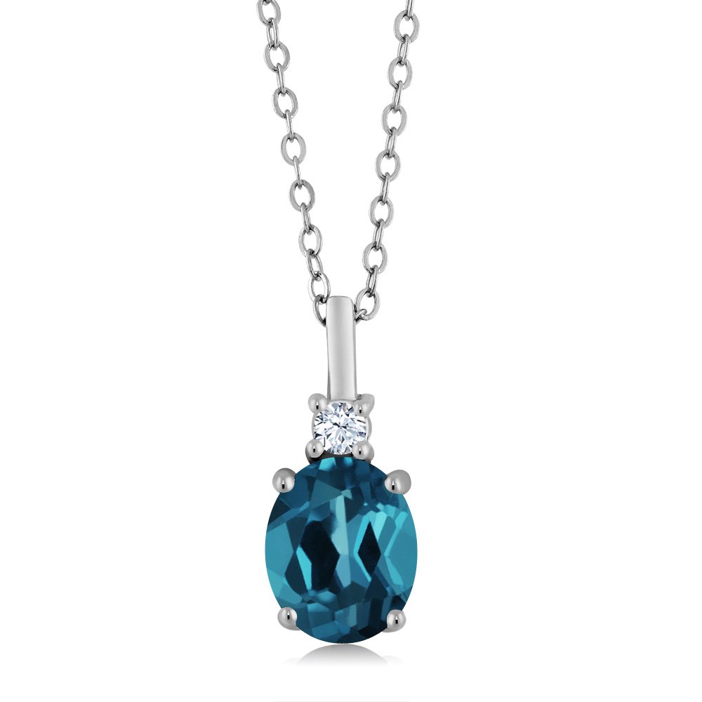 Gem Stone King 925 Sterling Silver London Blue Topaz and White Created Sapphire Pendant Necklace For Women (1.85 Cttw, Gemstone November Birthstone, Oval 9X7MM, with 18 Inch Silver Chain)