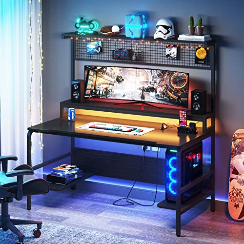 Tribesigns 55 Inch Gaming Desk with 2-Outlet & 2 USB Ports, Large Computer Desk with Monitor Stand, Ergonomic Gamer Table with Metal Storage Basket, Black