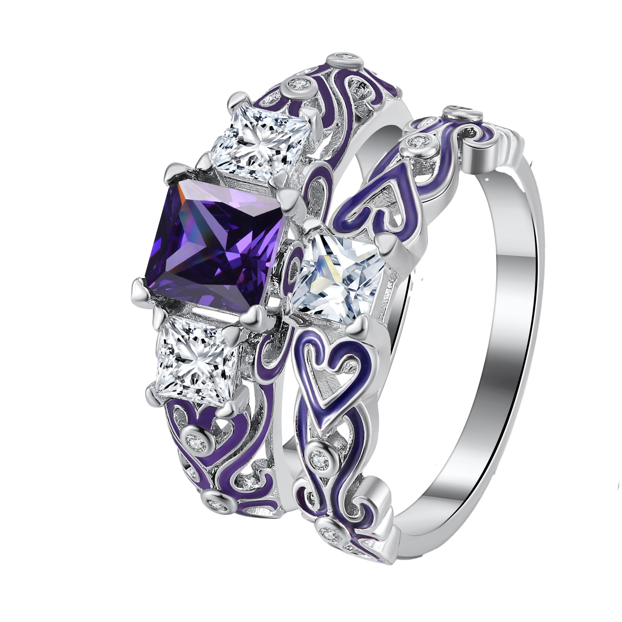 Ginger Lyne Collection Cherri Purple Princess Cut Engagement Wedding Band Bridal Set
