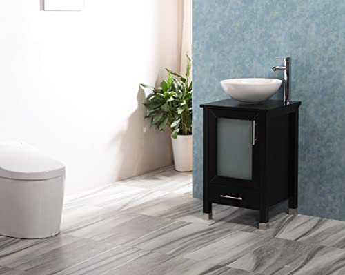 QIERAO 20" Bathroom Vanity with Sink Combo Stand Cabinet and White Ceramic Vessel Sink and Stainless Steel Faucet, Black