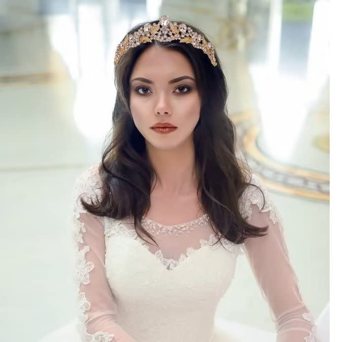 QIAIYALA Wedding Tiaras for Bride Gold Crystal Princess Small Crown Bridal Headband Birthday Leaf Hair Accessories
