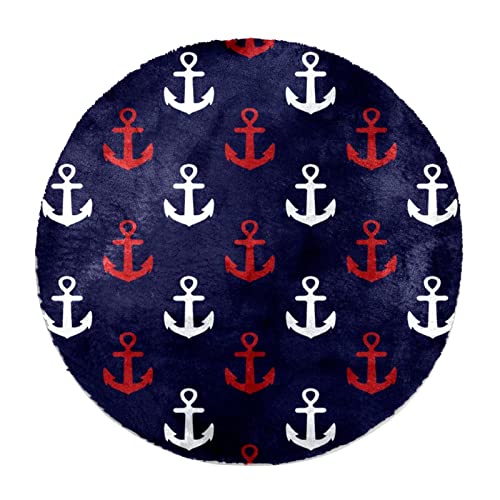 Ultra Soft Faux Rabbit Fur Fuzzy Area Rug Fluffy Bedside Carpet Mat for Bedroom Floor Sofa Living Room Round Rug, Red White Anchor Pattern Navy Blue