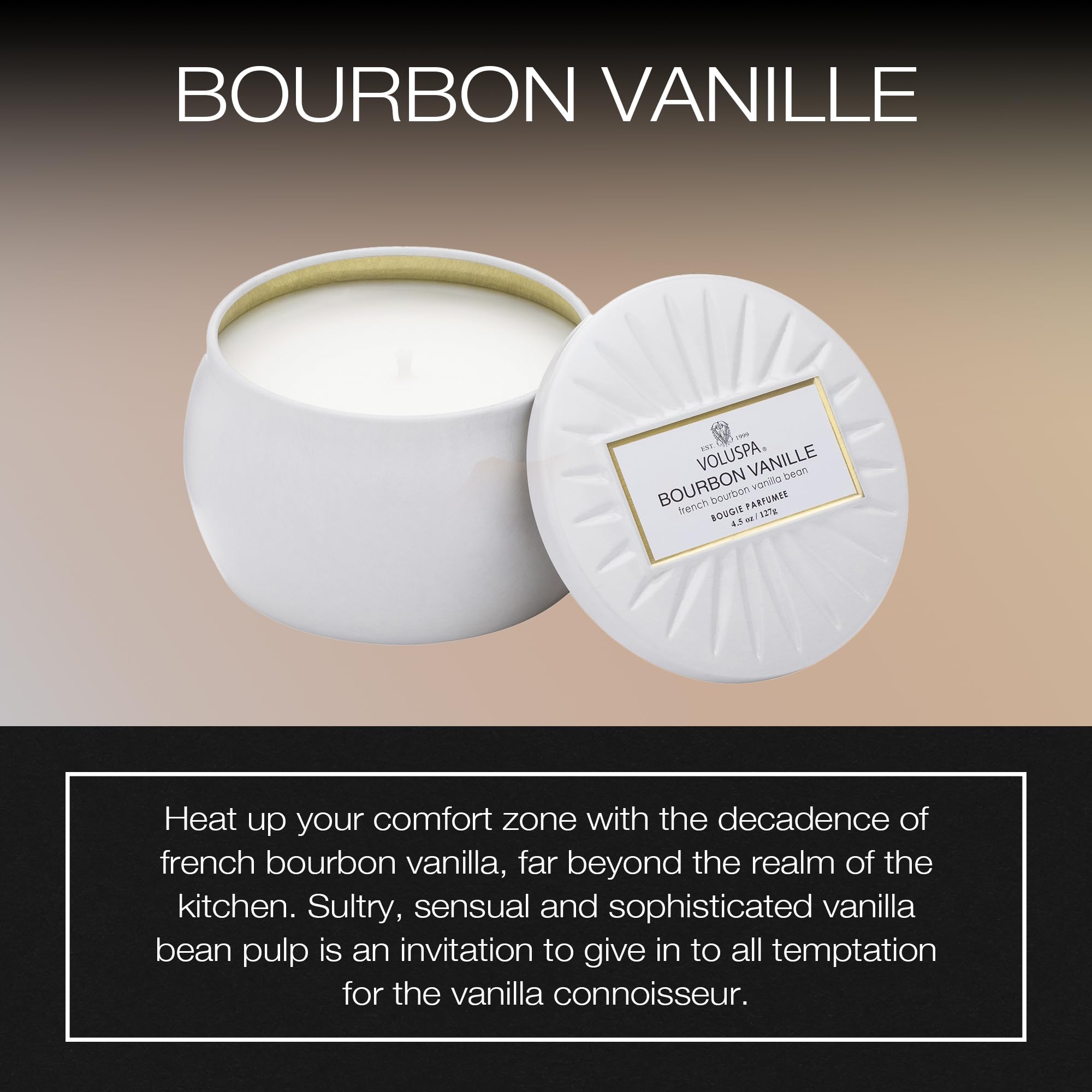 Voluspa Bourbon Vanille, Mini Tin Candle, 4 oz, 25 Hour Burn Time, All Natural Wicks and Coconut Wax for Clean Burning, Vegan, Poured in the USA