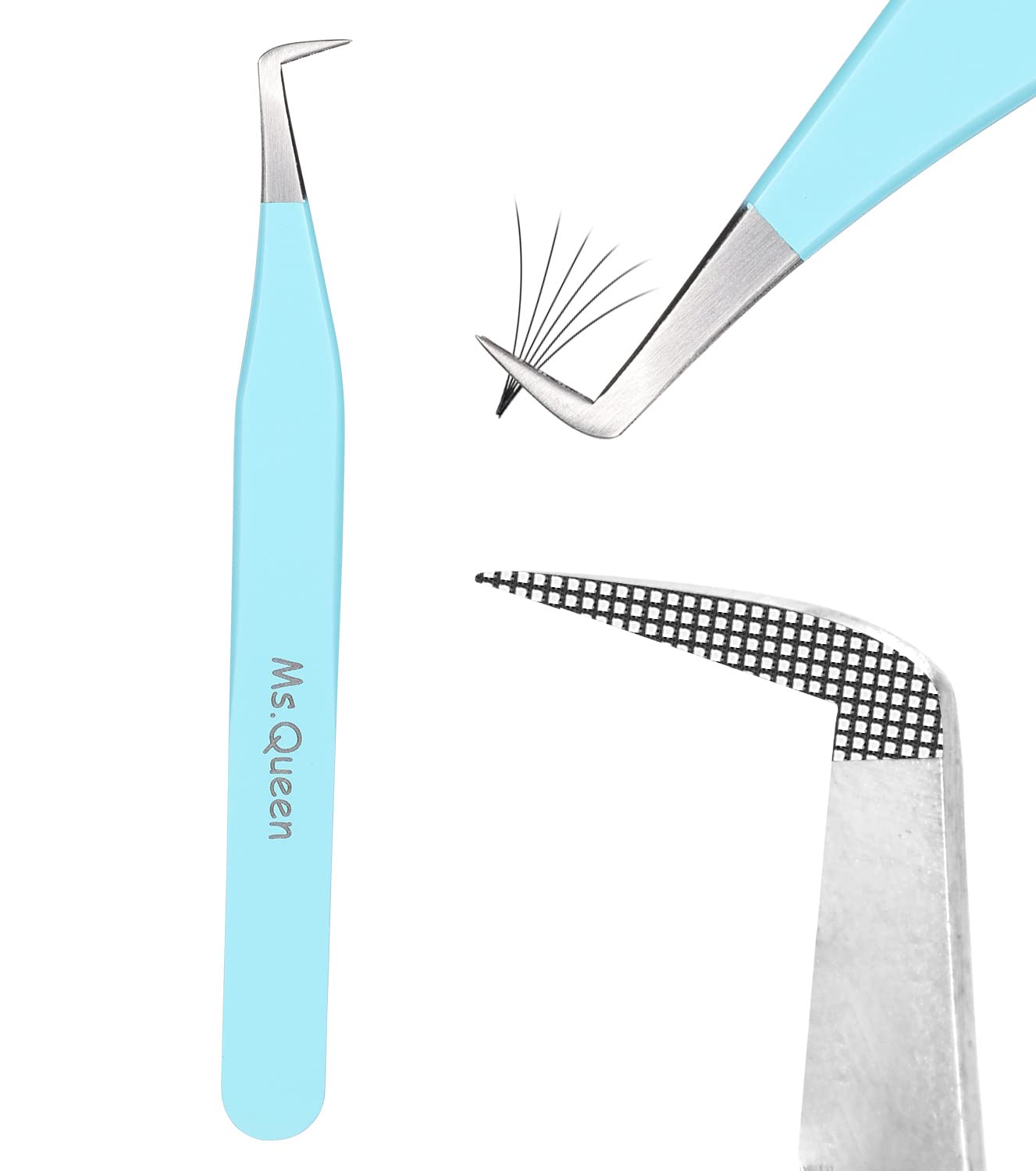 Ms.Queen Volume Tweezers For Eyelash Extensions, Fiber Tip Grip Lash Tweezers L-Shape Boot Mega Volume Mink Lashes Tweezers, Blue