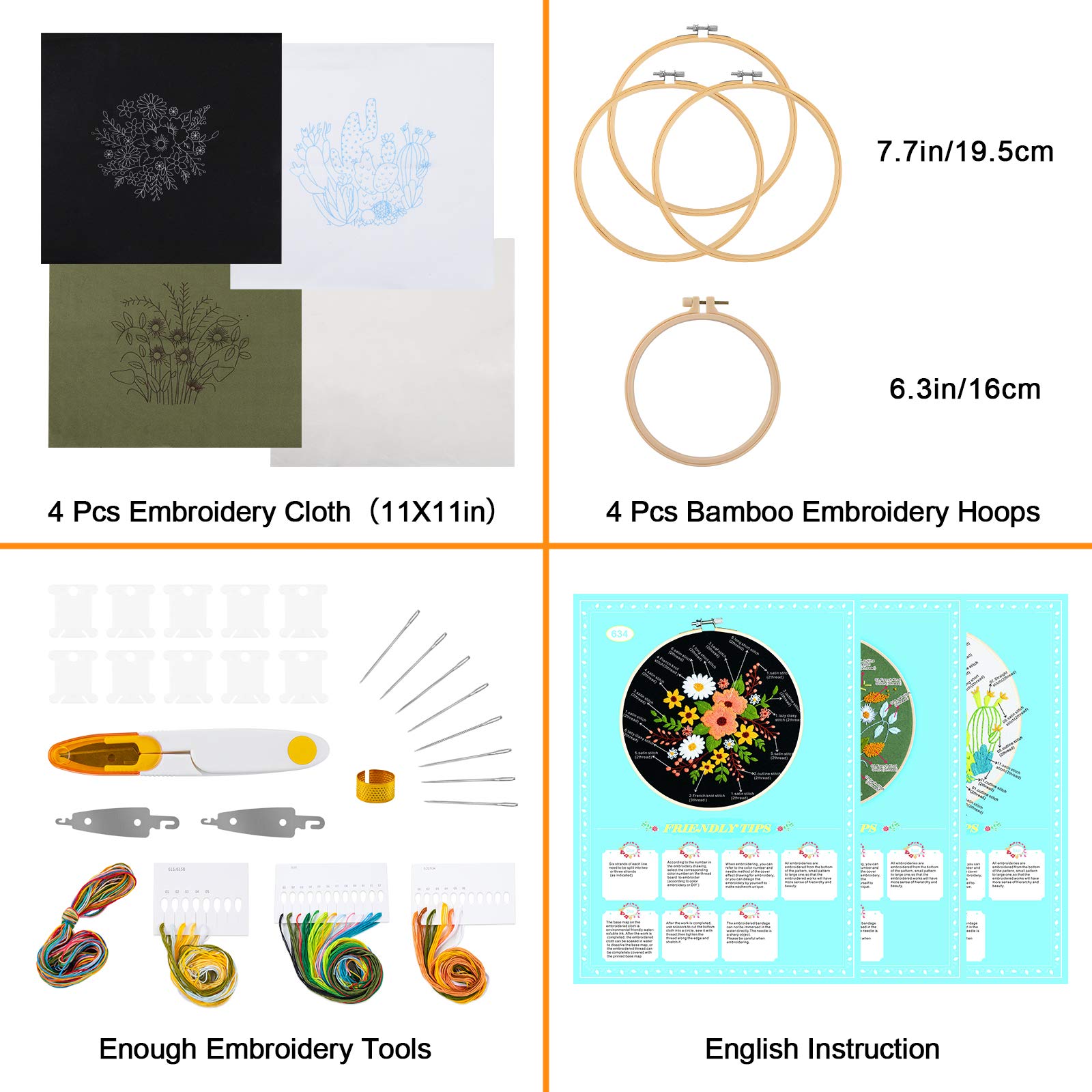 JARLINK Christmas Gifts 4 Pack Embroidery Starter Kit with Instructions, Cross Stitch Kit for Adults Beginners, Including Embroidery Hoops, Embroidery Cloth, Color Threads and Tools