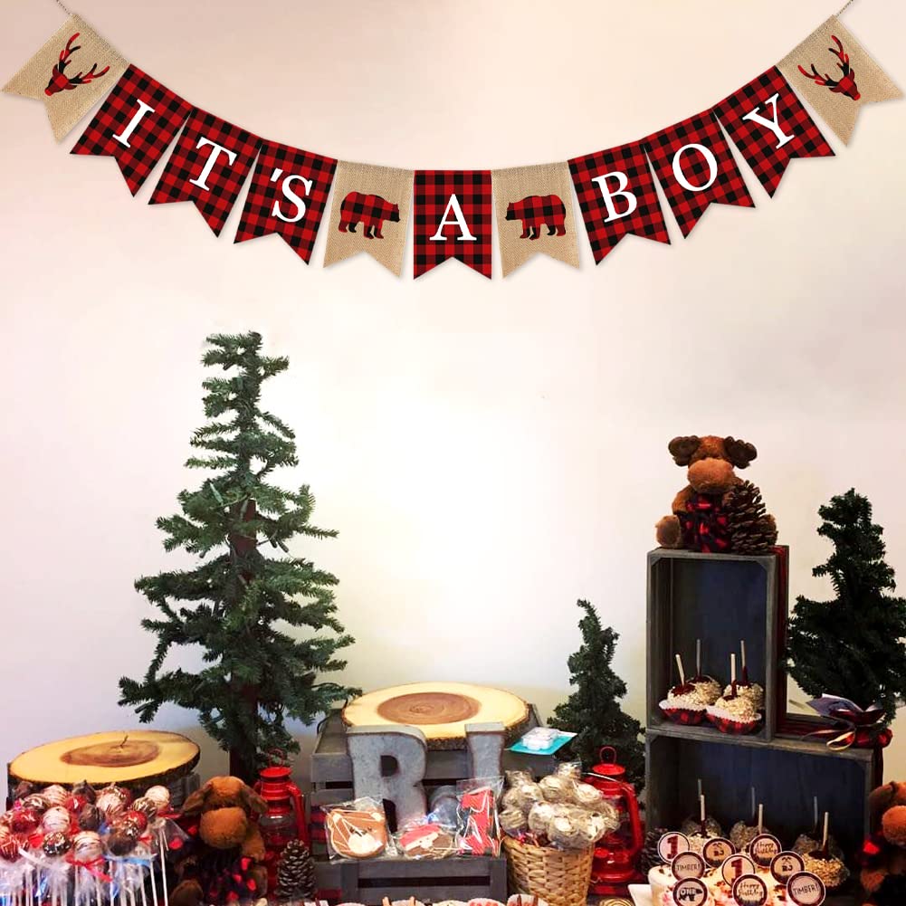 Lumberjack Theme Burlap Banner and It's a Boy Banner High Chair Banner for Baby Boy Photo Props Backdrop Decors