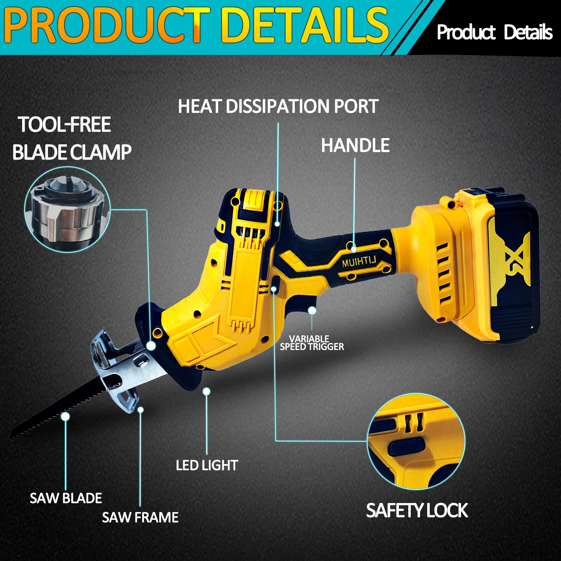 Reciprocating Saw Compatible with DeWalt 20V Battery, Brushless Power Cordless Recipro Saw, 0-3500SPM Variable Speed, Tool-free Blade Change, 4 Saw Blades Kit for Wood/Metal/PVC Cutting, Tool Only