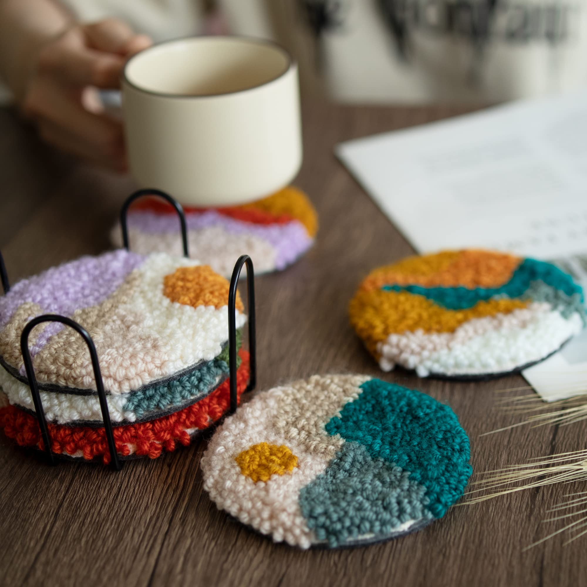 Temlum Punch Needle Coasters Kit, Punch Needle Embroidery Kit for Beginners and Adults Including Patterns, Tools, Yarns, Hoop, Instruction, Coaster Holder Coaster Art Craft Supplies (Landscape)