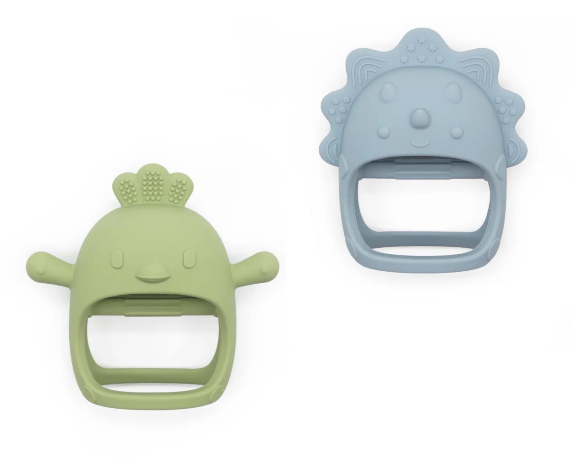 MOMMYS BABY Silicone Baby Teether Set, Infants Chew Mitten, Pain Relief for Sore Gums, Soothing 2 in 1| Olive Green Chick, Dusty Blue Triceratops | Anti-Drop with Handle for Easy Grip