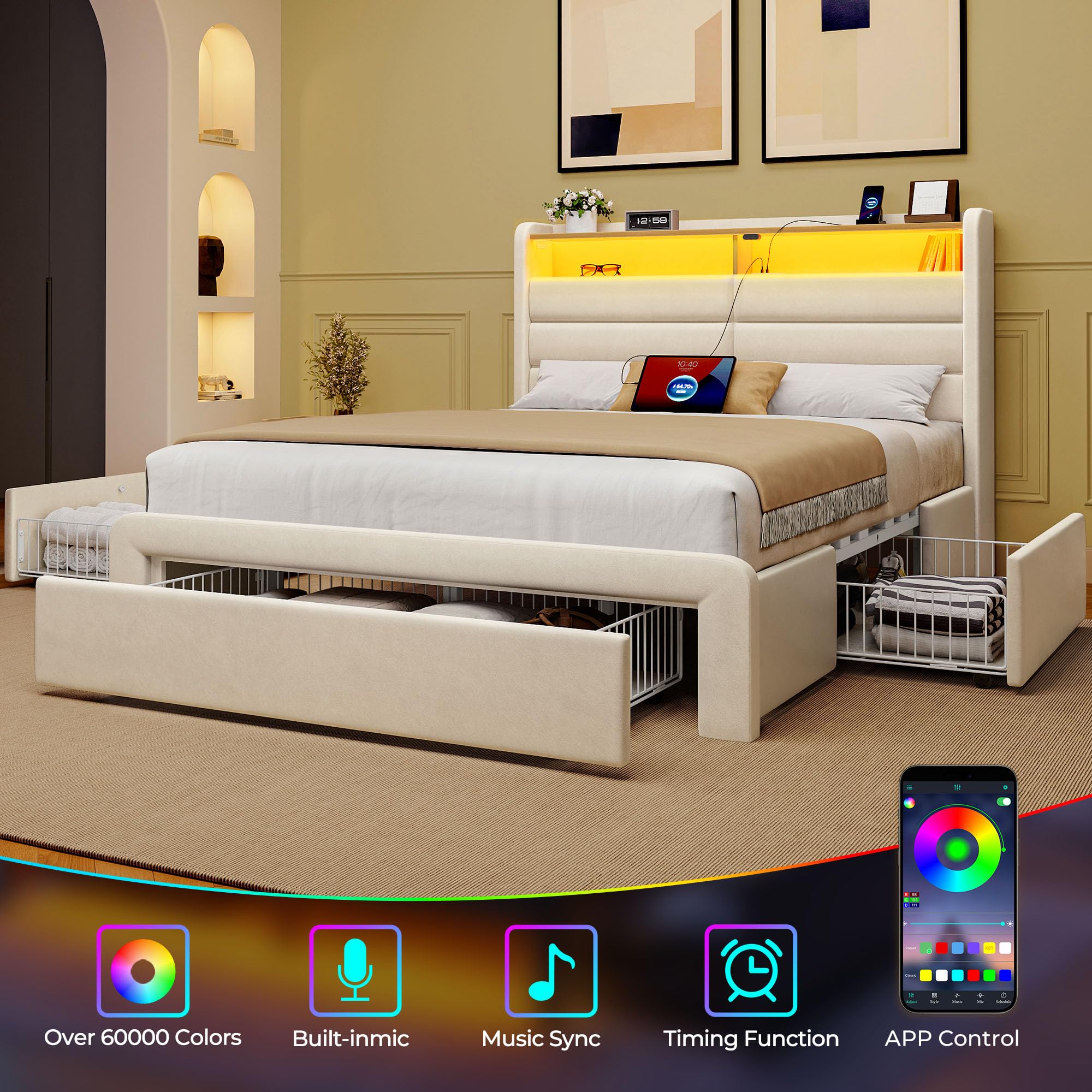 Seventable Full Size Bed Frame with 4 Storage Drawers & Charging Station, Upholstered Platform Bed with Storage Headboard and LED Light, No Box Spring Needed, Noise Free, Easy Assembly, Cream White