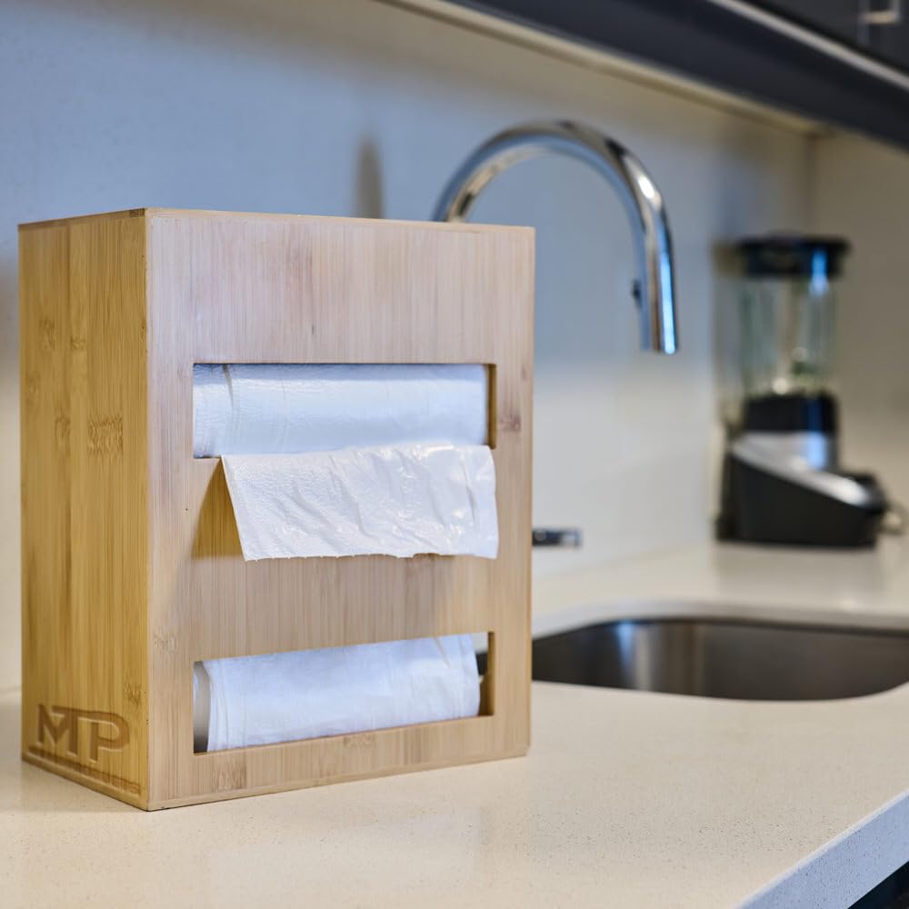 Standard Bamboo Trash Bag Roll Holder13,30,33 gallons,Garbage Bag Dispenser, Wall Mount,Under Sink,Fits 2 Rolls of Standard Plastic Trash Bags, approx.80 Bags per Roll, Does NOT fit Sam & Costco.