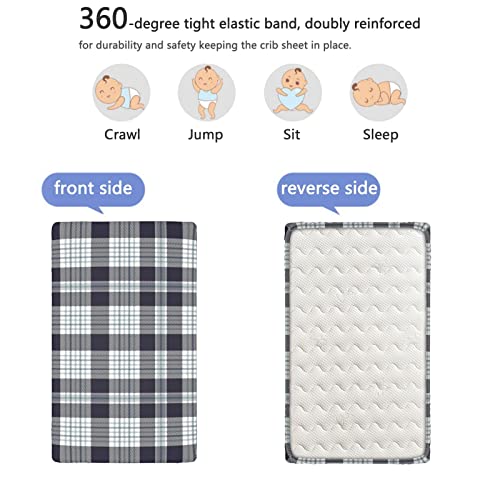 Plaid Themed Fitted Mini Crib Sheets,Portable Mini Crib Sheets Soft Toddler Mattress Sheet Fitted-Great for Boy or Girl Room or Nursery,24β x38β,Indigo White and Pale Taupe