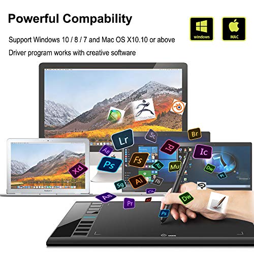 UGEE M708 10 x 6 inch Large Drawing Tablet with 8 Hot Keys, Passive Stylus of 8192 Levels Pressure, Graphics Tablet for Paint, Design, Art Creation Sketch