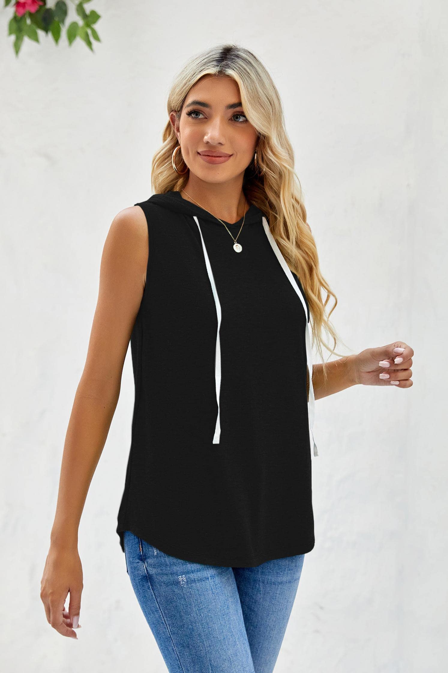 Mafulus Women Sleeveless Hooded Tank Tops Drawstring High Low Hem Solid Casual Workout Summer Cami Shirts Black