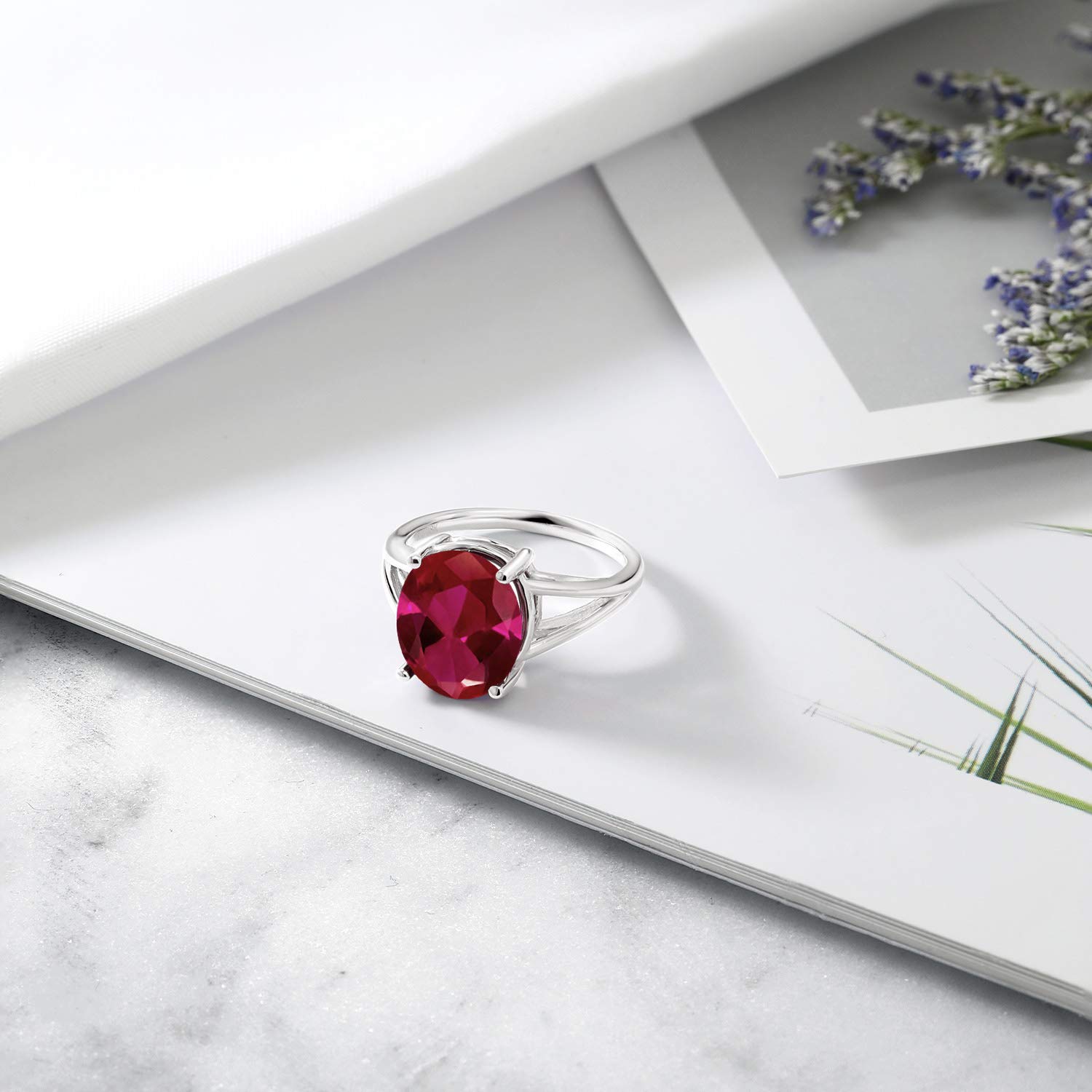 Gem Stone King 925 Sterling Silver Red Created Ruby Ring For Women (5.00 Cttw, Gemstone July Birthstone, Oval 12X10MM, Available In Size 5,6,7,8,9)