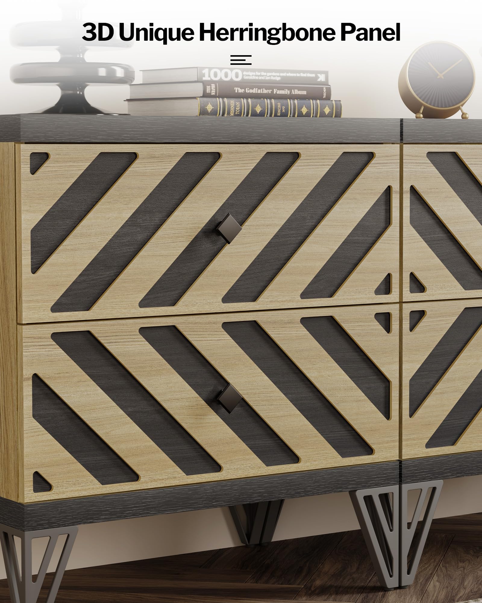 SICOTAS Large Night Stand Set of 2 - Modern Bedside Table Wide Nightstands with 2 Herringbone Decor Drawers, Sturdy Metal Legs, Wood Accent End Table for Bedroom