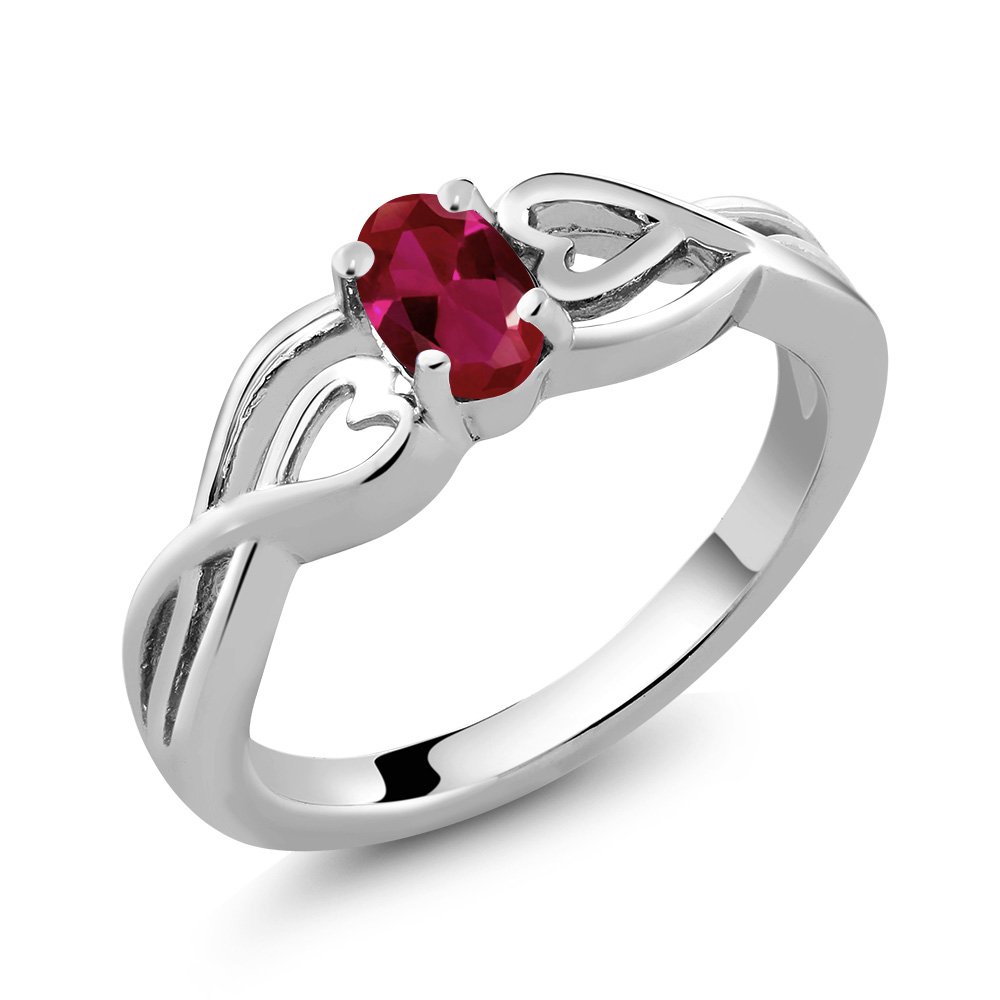 Gem Stone King 925 Sterling Silver Red Created Ruby Women Engagement Ring (0.50 Ct Oval) (Size 8)