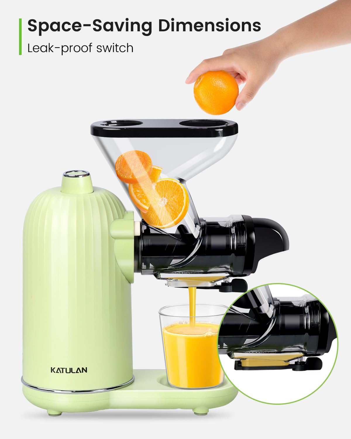 Katulan Compact Slow Juicer, Cold Press Juicer Machines with Auto-adjustable Speed for Nutrient & Vitamin Dense Fruits and Vegetables, Easy Clean Masticating Juicer with Reverse Function