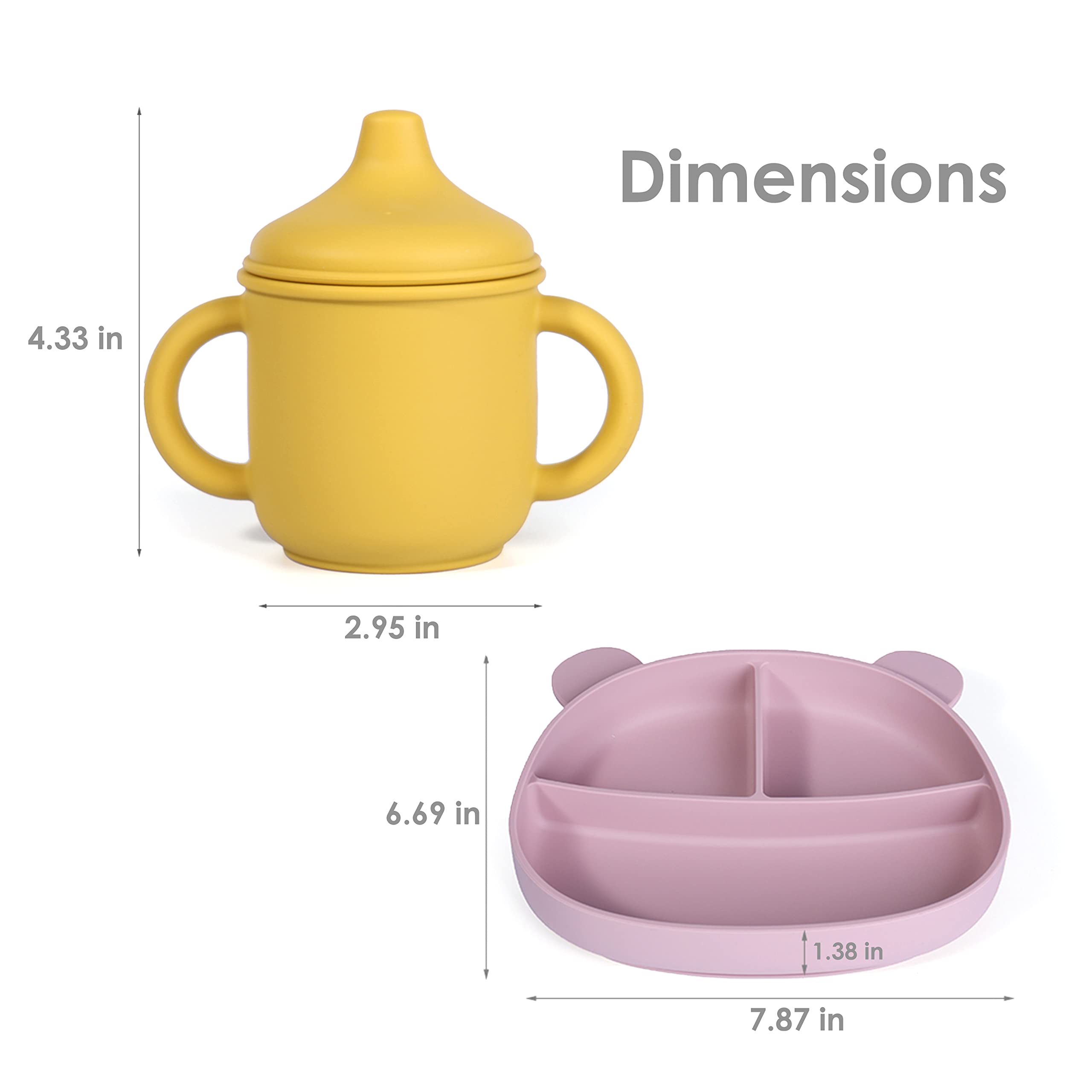 Silicone Baby Feeding Set, 6 Colors, Spill-proof Cup and Suction Plate with Lid, Divided Plate, Sippy Cup with handles for Baby & Toddlers. Leak-proof. (Gray)