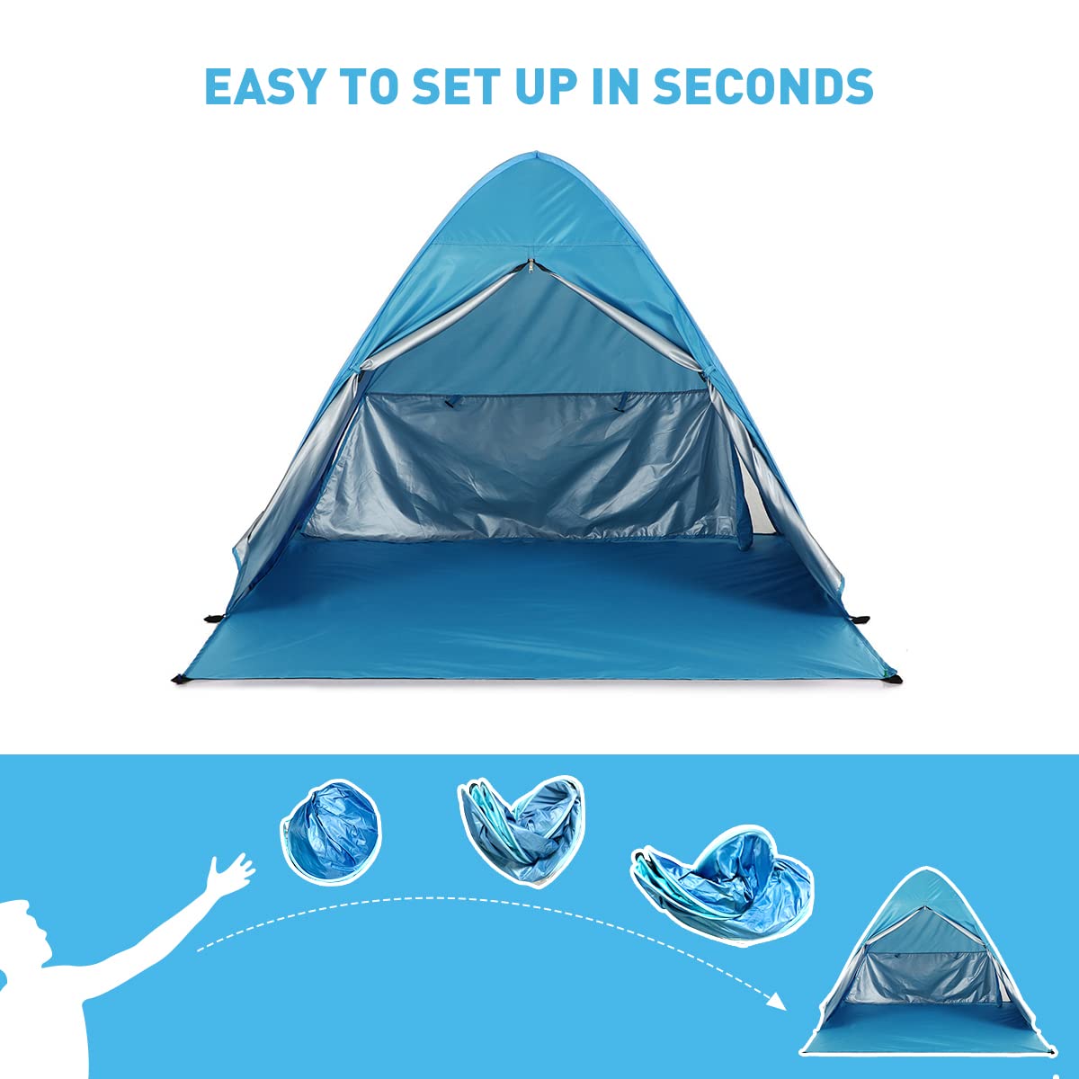 Hitish Beach Tent, Windproof & Portable Sun Shade Shelter for 3-4 Person with UPF 50+ UV Protection, Extended Floor & Roll Up Window, Easy Setup Beach Tent with Carry Bag, 6 Stakes for Camping Fishing