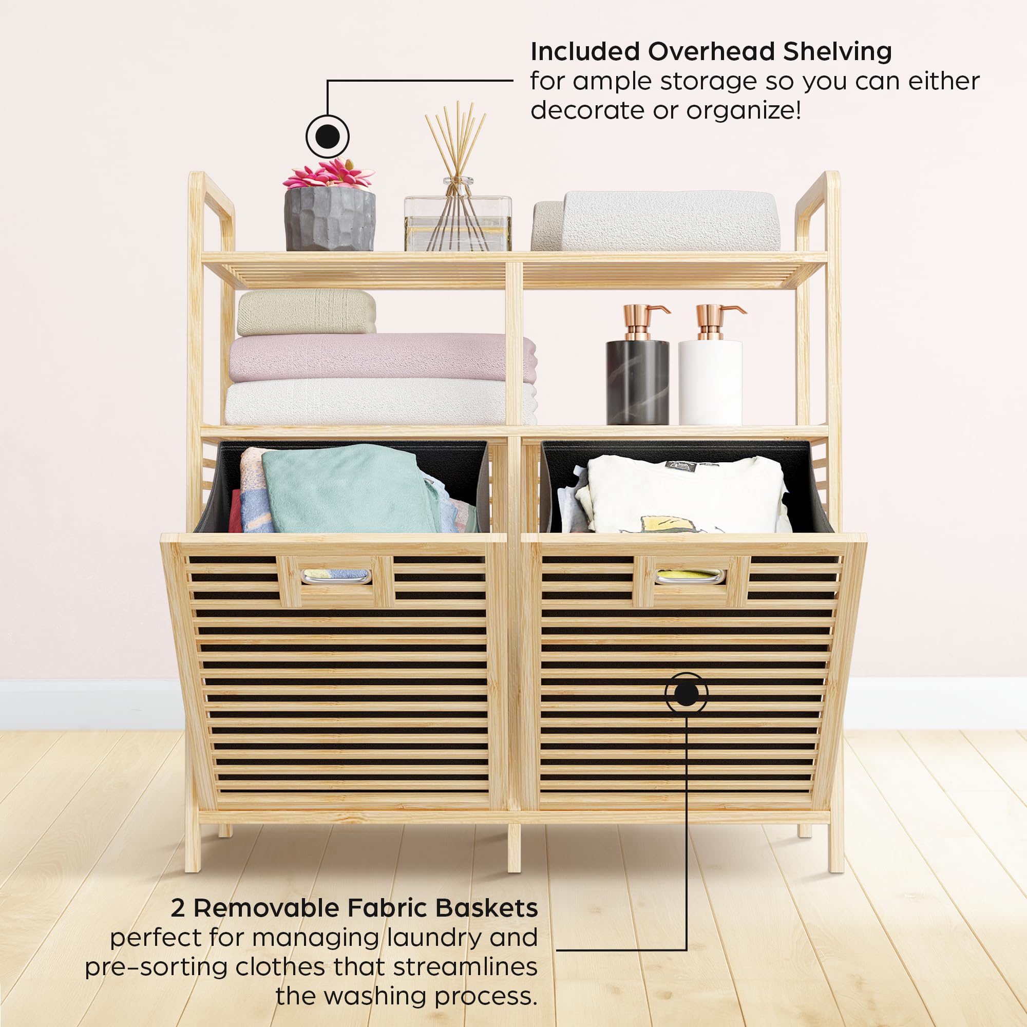 TidyHub Double Tilt Out Laundry Hamper with Shelf - Durable Bamboo Hamper with 2 Removable Laundry Liner Fabrics, Easy Grab Handle & Manual - Pull Out Laundry Hamper Cabinet for Clothes Towels Toys