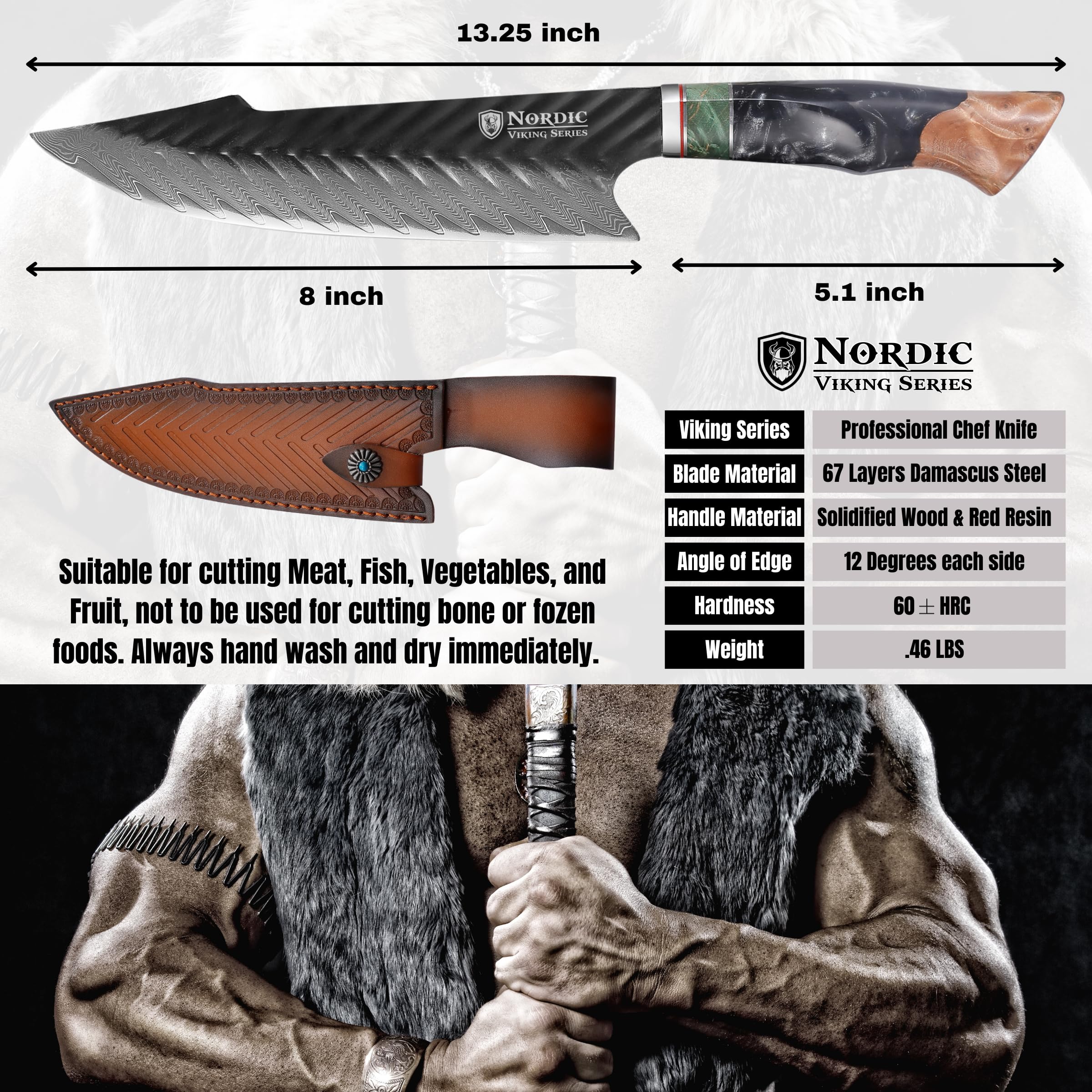 Nordic New Viking Series Professional 8 Inch Chef Knife, Damascus Chef Knife, 67 Layers, Hand Forged Chef Knife with Resin and Maple Wood Handle and Leather Sheath