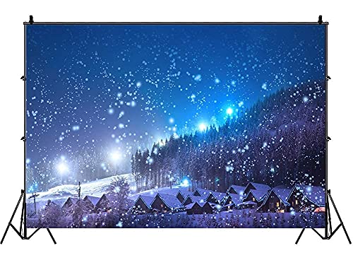 Leowefowa 5X3FT Christmas Backdrop Rustic Village Night View Forest Trees Snowing Shining Lights Blue Sky Winter Xmas Vinyl Photography Background Kids Children Newborn Photo Studio Props