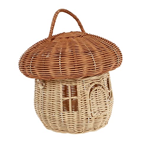 Sewroro Home Decor Woven Mushroom Basket with Lid 1pc Rattan Storage Basket Mushroom Shape Decorative Storage Basket for Home Decoration Kids