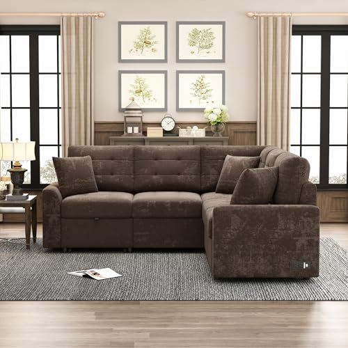 WOODRK 82.6" L-Shaped Sleeper Sofa Bed with Pull-Out Beds, Modern Convertible Couch with Wheels, USB Charging Ports, Power Sockets and 3 Pillows, for Living Room, Office, Brown