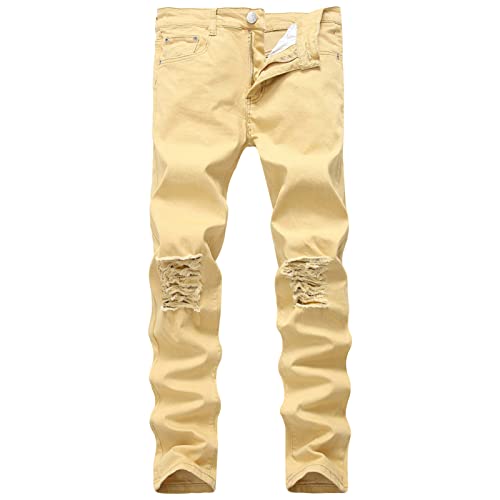 Men's Ripped Distressed Destroyed Jeans Stretch Vintage Hip Hop Jean with Holes Straight Leg Slim Fit Denim Pants (Khaki,31)