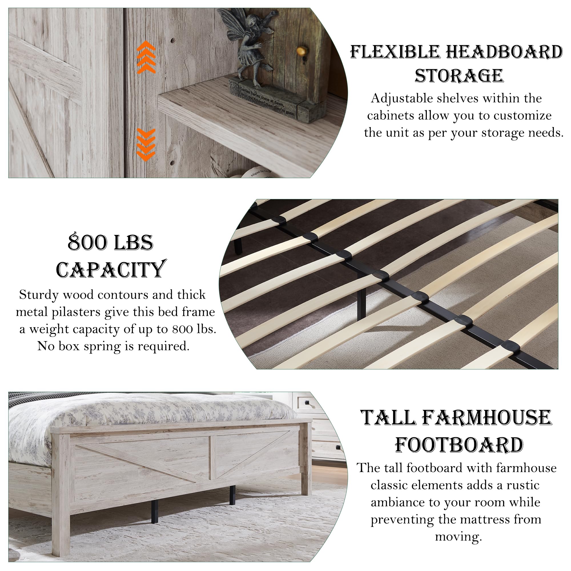 RedLemon Farmhouse Queen Size Bed Frame with Bookcase Headboard, Sliding Barn Door, Storage Cabinet, Charging Station, Wood Slats Support, No Box Spring Needed, Antique Brush White