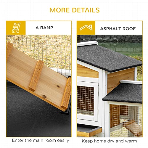 PawHut 90.5" Wooden Rabbit Hutch Bunny Cage Pet Playpen House Enclosure with Double Side Run Boxes, No Leak Tray, Ramp, for Guinea Pig and Small Animals, White