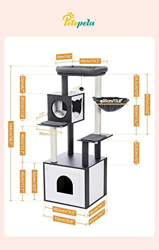PETEPELA Modern Cat Tree Wood Cat Tower with Storage Cabinet Litter Box Enclosure and Spacious Cat Condo, Large Top Perch and Hammock, Sisal Covered Scratching Posts for Cats Black