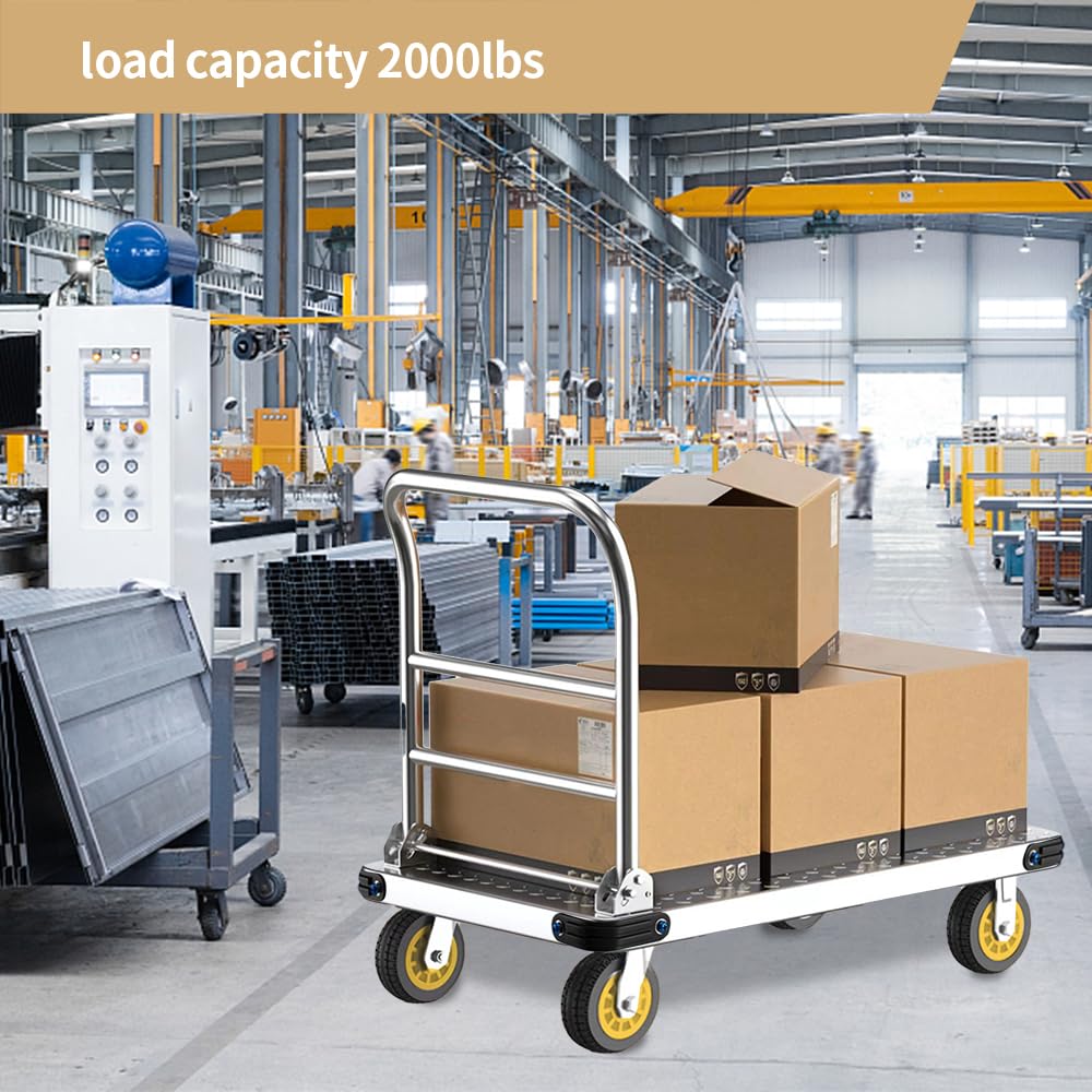 Platform Truck, Folding Push Dolly Cart with Rubber Mat, 2200lbs Capacity, Heavy Duty Flatbed Moving Cart with 6'' 360° Swivel Wheels(41‘’×25'')