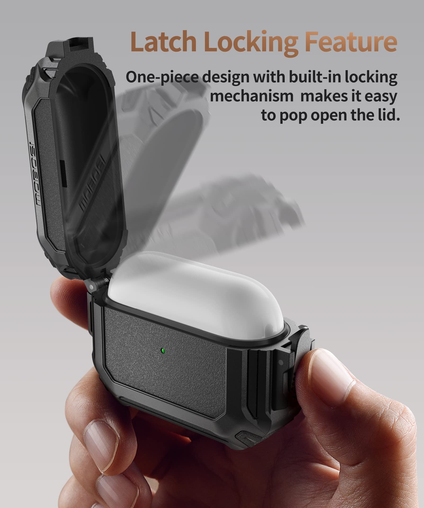 MOBOSI Case with Spring Lock Clip, [Top Cover Never Falls] Hard Rugged Protective Pop-up Case Cover with Keychain for Men, Full-Body Shockproof Case for AirPods Pro, Black