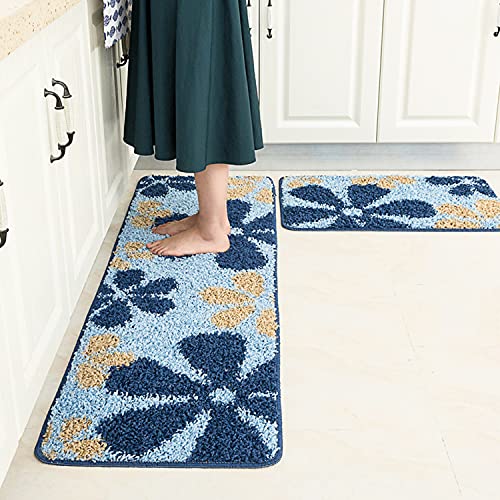 Kitchen Rug Set, 2-in-1 Kitchen Mat Anti-Fatigue Cushioned Kitchen Sink Floor Mat Super Absorbent Non Skid Easy to Clean Comfort Standing Kitchen Mat (Blue)