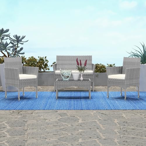 TINKLE WELL 4-Piece Brown Patio Furniture Set β Sectional Wicker Rattan Sofa with Thick Cushions and Table for Garden, Yard, or Porch