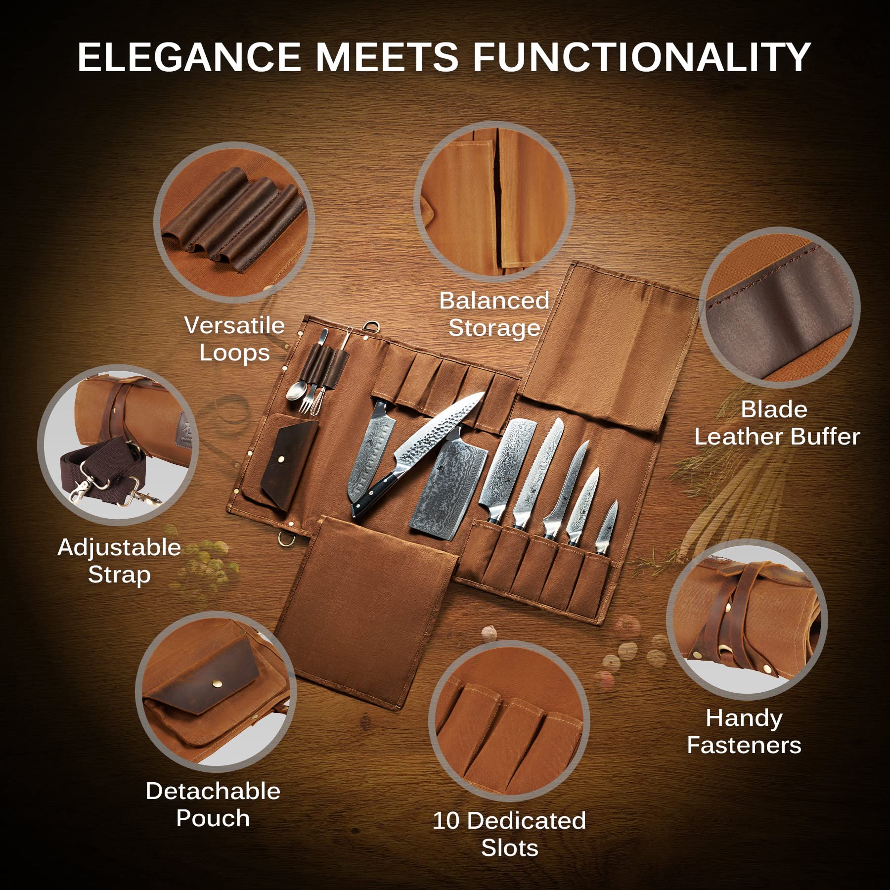 KYOKU Chef Knife Roll Bag, Kitchen Knife and Utensil Holder with 10 Slots 3 Cutlery Holders for Chef Knife Set, Oiled Leather and Waxed Canvas Knife Roll Up Travel Bag with Adjustable Strap, Brown