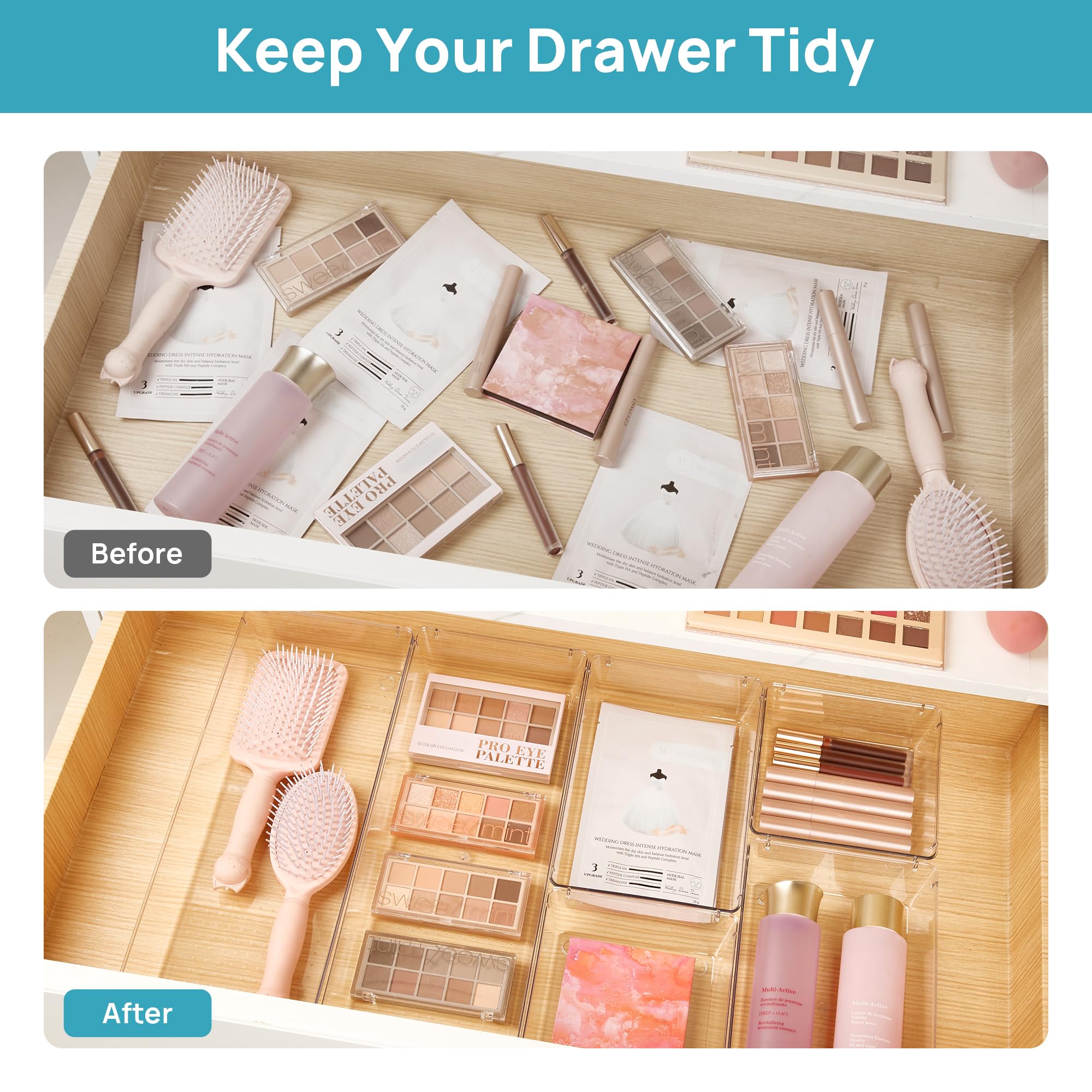 Vtopmart 6 PCS Clear Plastic Drawer Organizers Set, 3-Size Bathroom and Vanity Drawer Organizer Trays, Acrylic Storage Bins for Makeup, Kitchen Utensils, Large Size Office Desk Organizers