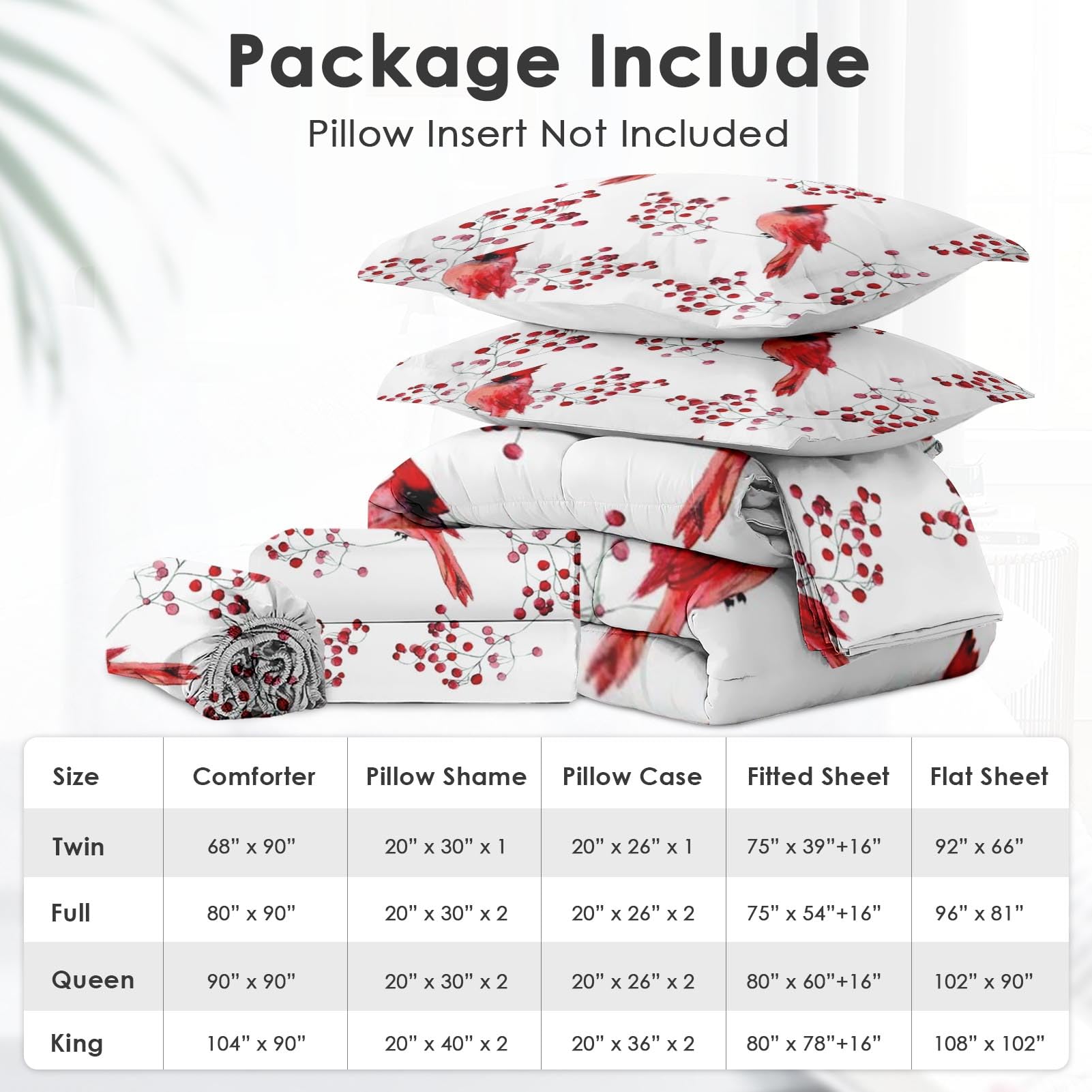 Pinbeam 7 Pcs Comforter Set Queen Size, Cute Winter Cardinal Bed in a Bag with Flat Sheet and Fitted Sheet for Kids and Adults, Birds Christmas Red Bedding Set with Pillowcases & Shams