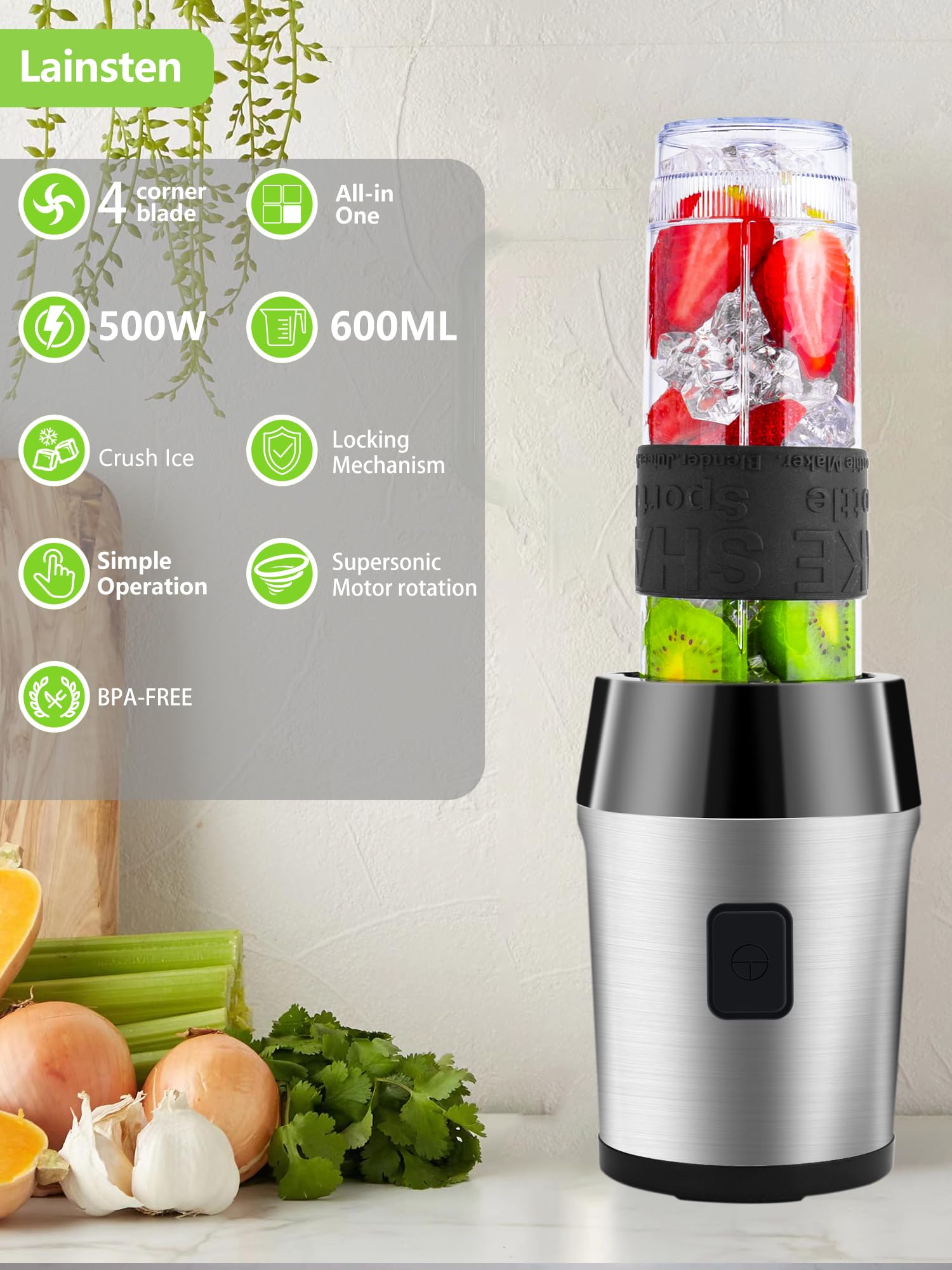 Lainsten Personal Blender, Portable Blender for Shakes and Smoothies,500W Personal blender For Kitchen Blender Set with 2X20oz Sports Mug, Grinder Cup (Black-01)