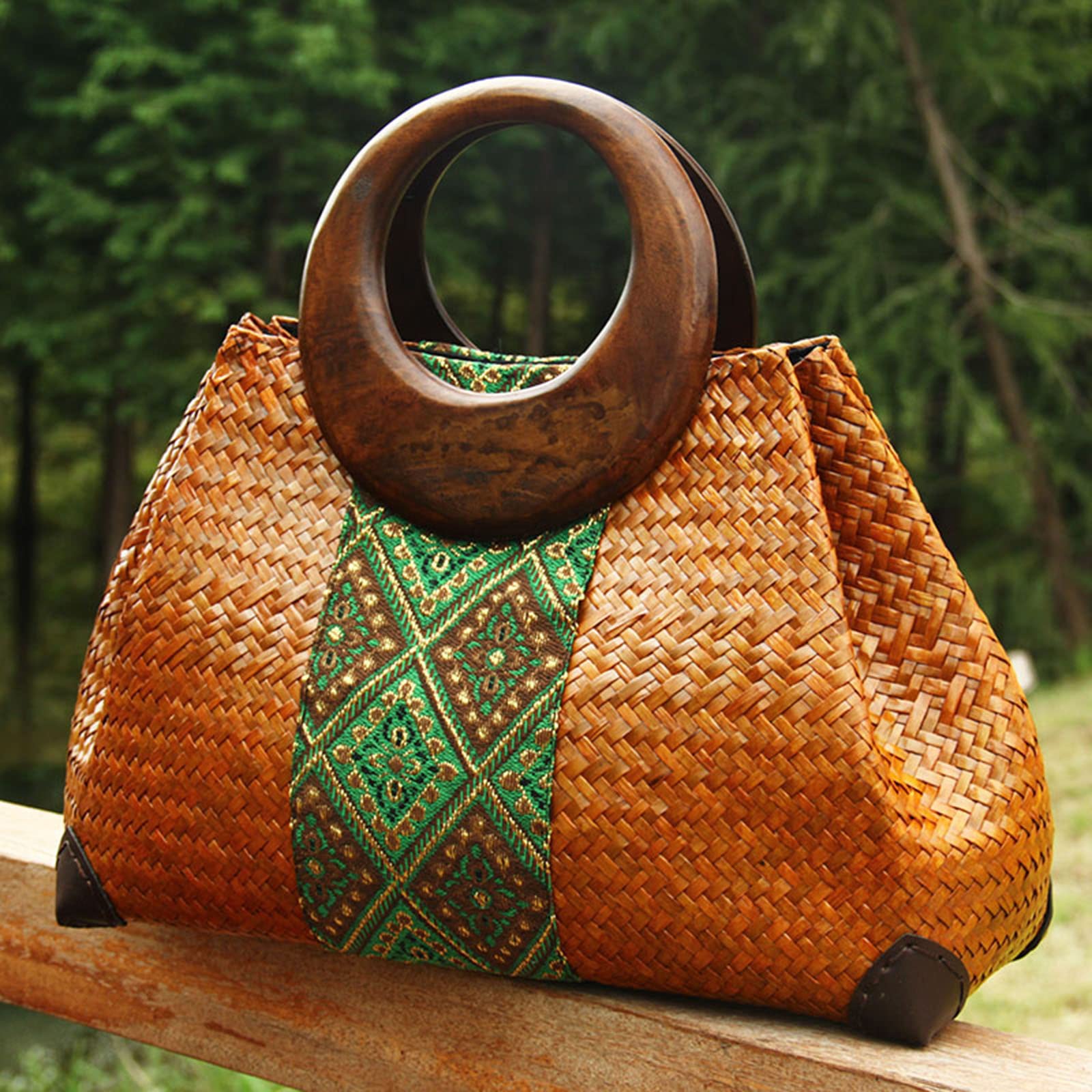 MODE LIFE Straw Bag,Women Bamboo Handbag Large Capacity Handmade Straw Beach Womens Retro Wallet