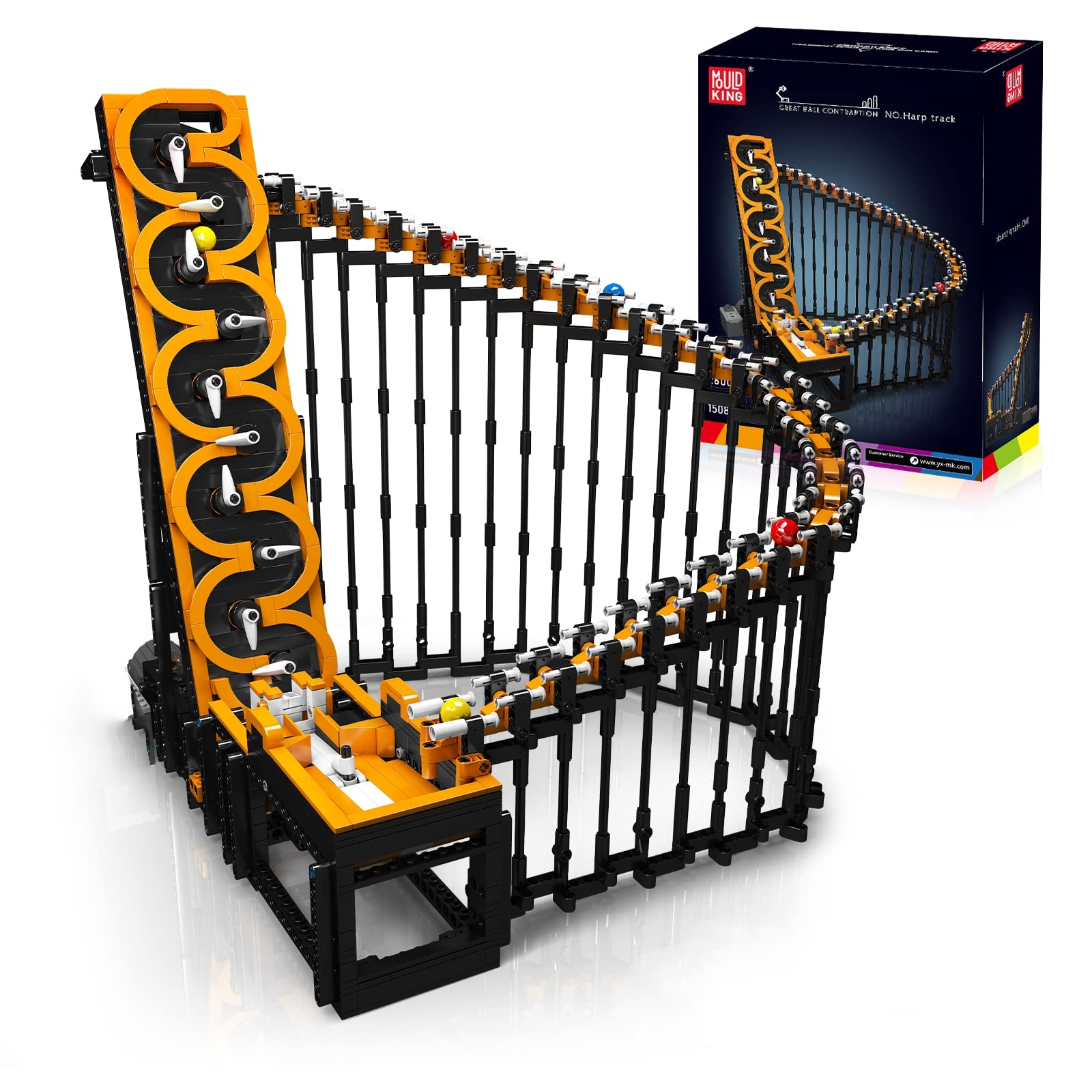 Mould King 26008 Harp Track Marble Run Building Blocks, Educational Power Lifting Steps, Roller Coaster Building Set, 1508 Pieces STEM Clamping Bricks Toy for Kid