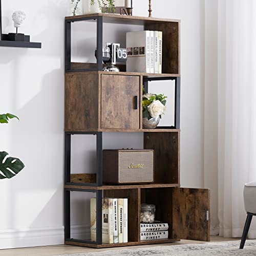 UnaFurni Bookshelf, 5 Tier Narrow Bookshelf with Storage Cabinet, Rustic Wood Bookcases and Book Shelves 5 Shelf for Living Room/Home Office, Rustic Brown